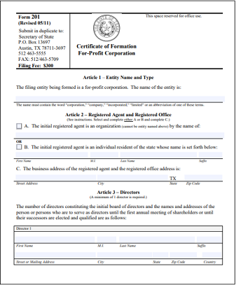 Texas Corporation Formation Order Form | DBI Global Filings, LLC – DBI ...